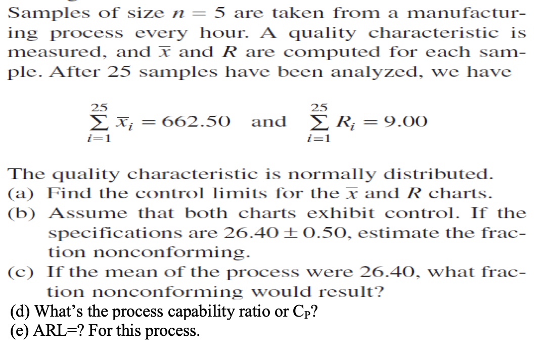 Solved Samples of size n=5 are taken from a manufacturing | Chegg.com