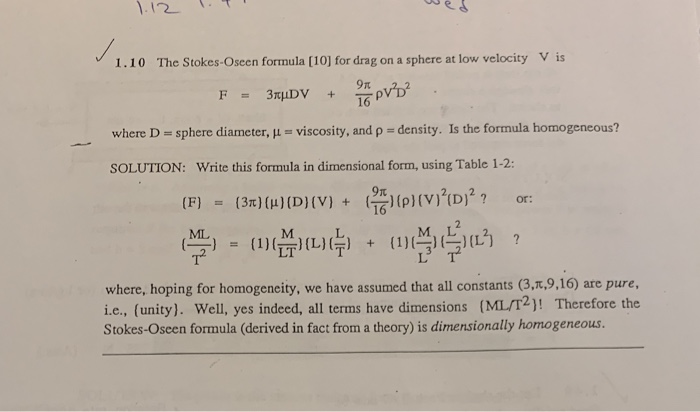 Solved 12 1.10 The Stokes-Oseen formula [10] for drag on a | Chegg.com