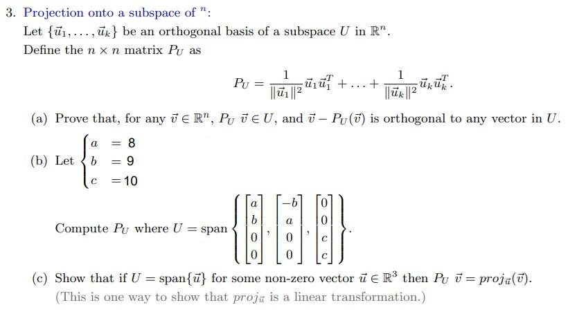 3. Projection onto a subspace of ": Let {ū1,..., ūk} | Chegg.com