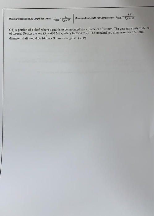 Minimum Required KeyLength for Shear: L Minimum Key | Chegg.com