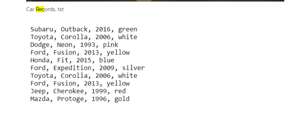Solved 1. Using the same "CarRecords.txt" input file from | Chegg.com