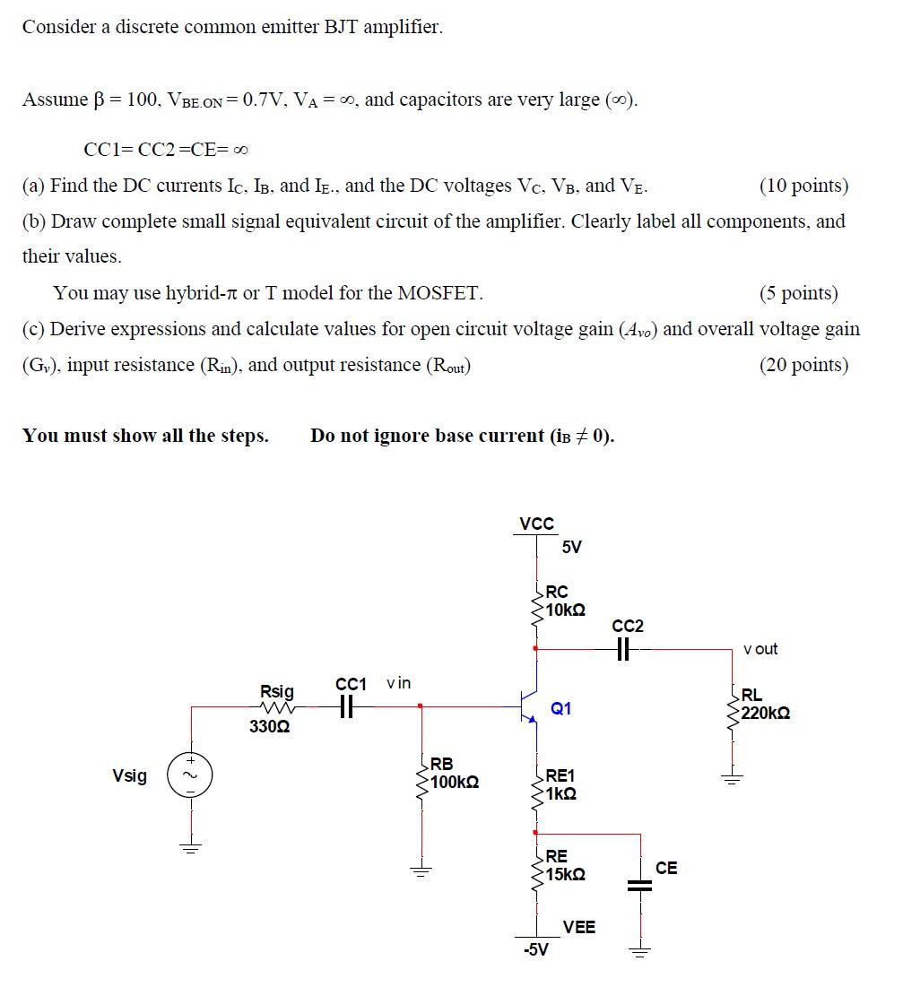 Solved Consider a discrete common emitter BJT amplifier. | Chegg.com