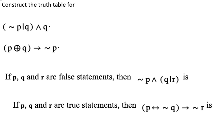 Solved Construct the truth table for (∼p∣q)∧q(p⊕q)→∼p If p,q | Chegg.com