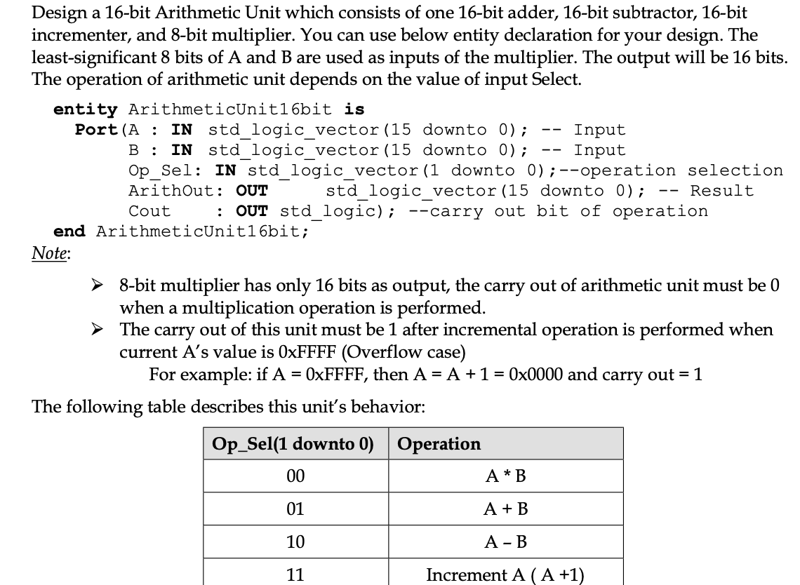 Design a 16-bit Arithmetic Unit which consists of one | Chegg.com