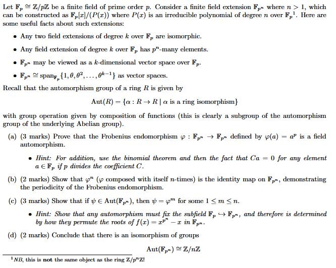 Solved Exercise 2: Let F_(p)~=(Z)/(p)Z be a finite field of | Chegg.com