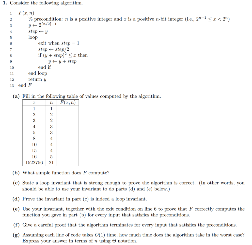 1. Consider the following algorithm. i F(x, n) % | Chegg.com