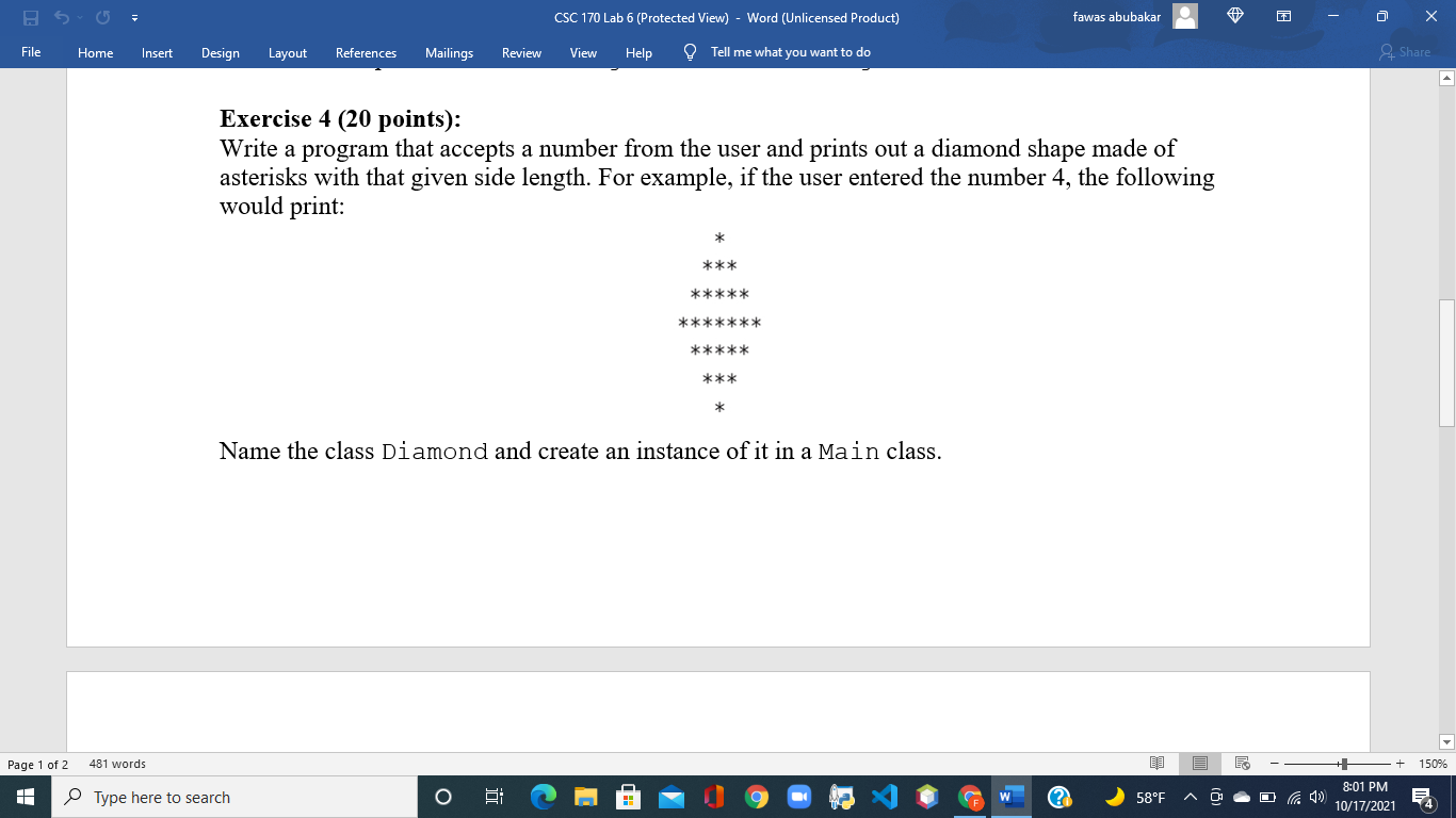 Solved CSC 170 Lab 6 (Protected View) - Word (Unlicensed | Chegg.com