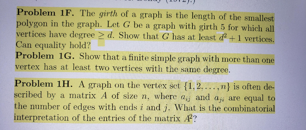 Problem 1F. The girth of a graph is the length of the | Chegg.com