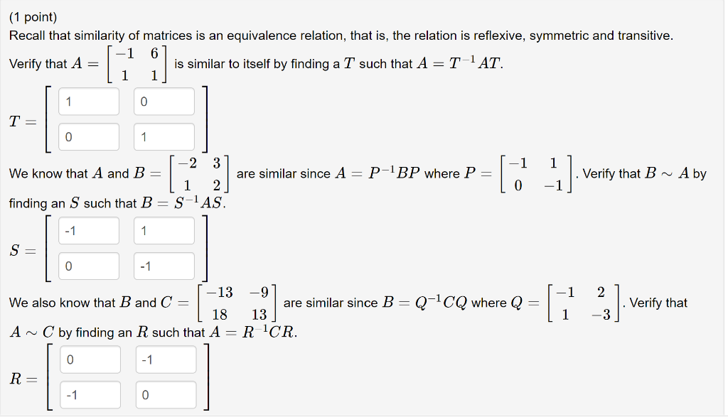 Solved Recall that similarity of matrices is an equivalence | Chegg.com