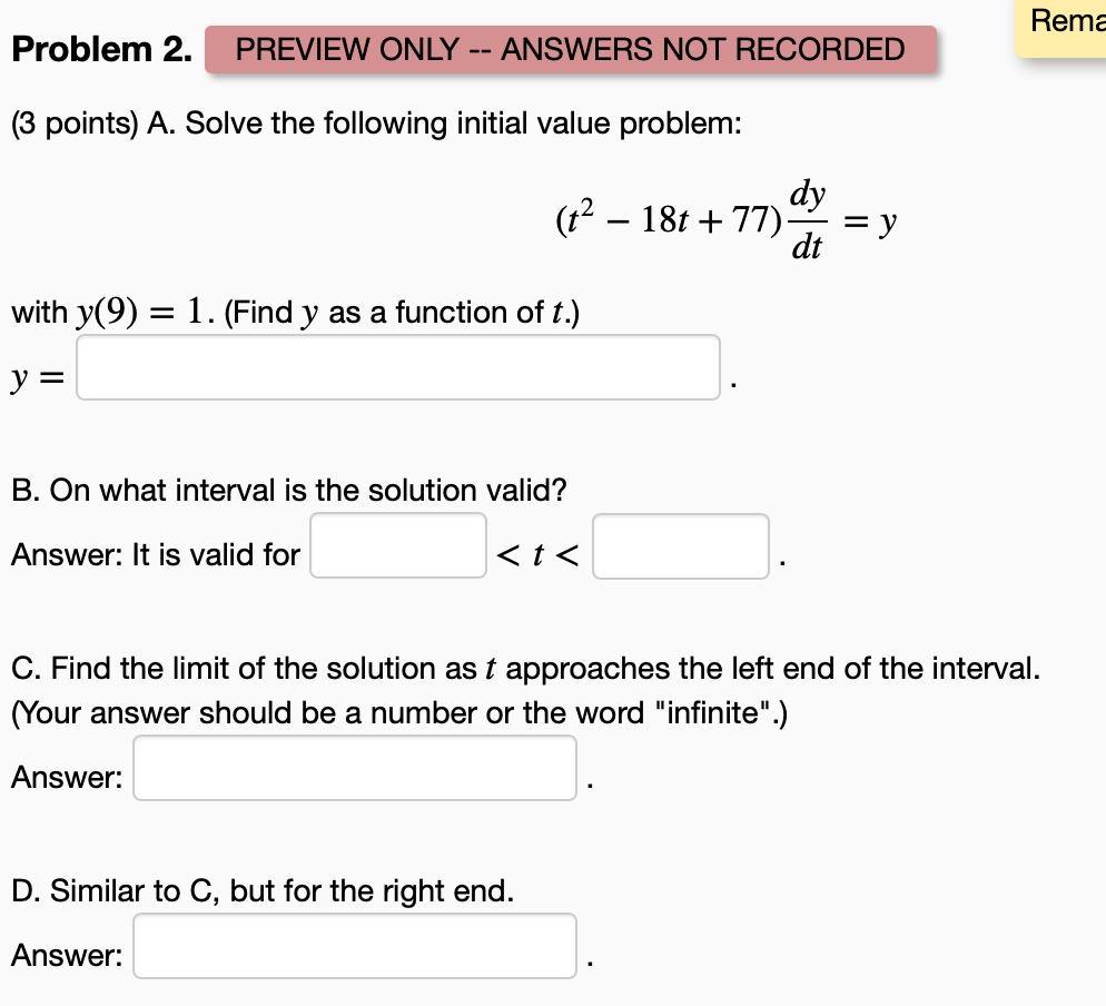 Solved Rema Problem 2. PREVIEW ONLY -- ANSWERS NOT RECORDED | Chegg.com