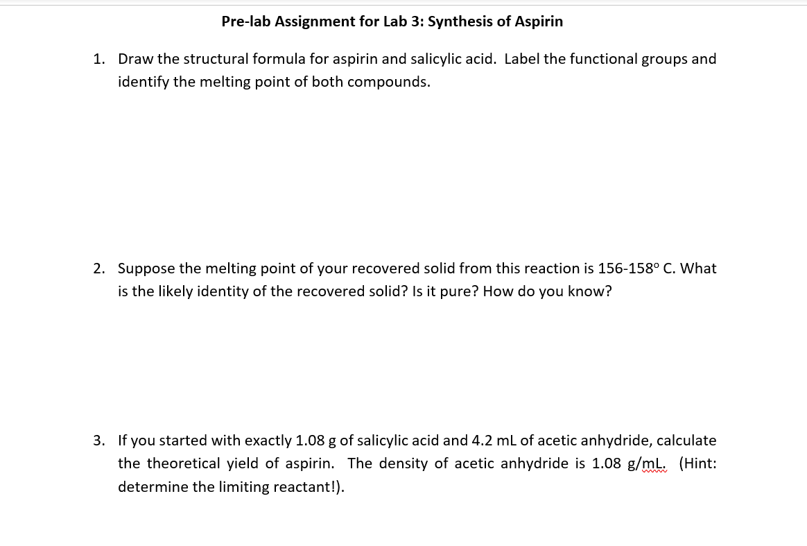 Solved Pre-lab Assignment for Lab 3: Synthesis of Aspirin 1. | Chegg.com