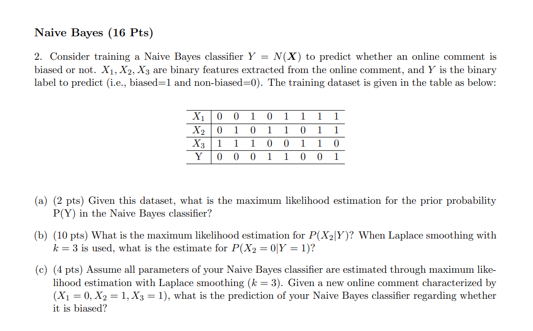 Solved 2. Consider training a Naive Bayes classifier Y=N(X) | Chegg.com