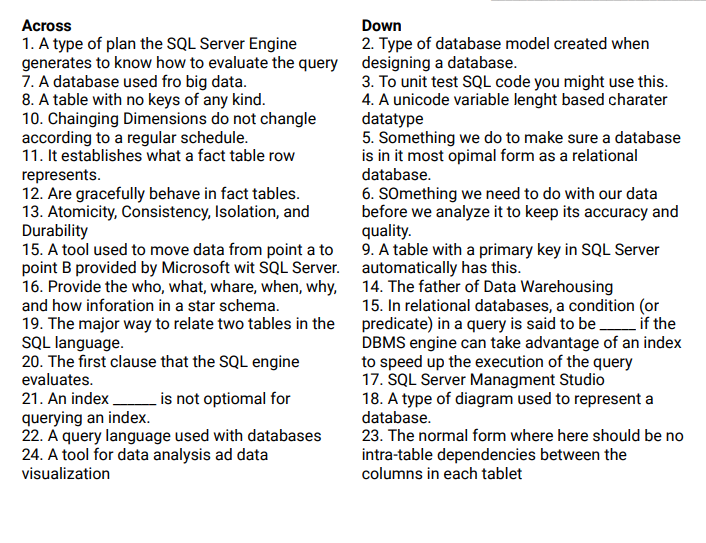 Across Down 1. A type of plan the SQL Server Engine | Chegg.com