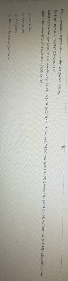 Prior to execution, register values in Hex) are given | Chegg.com