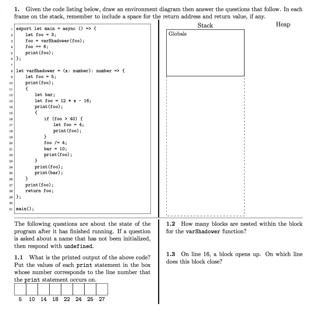 1. Given the code listing below, draw an environment | Chegg.com