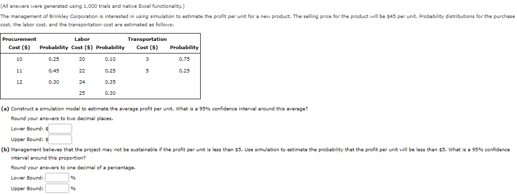 Solved All answers were generated using 1,000 trials and | Chegg.com
