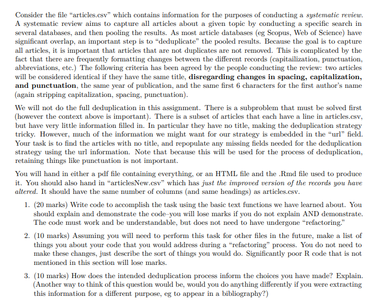 Consider the file "articles.csv" which contains | Chegg.com
