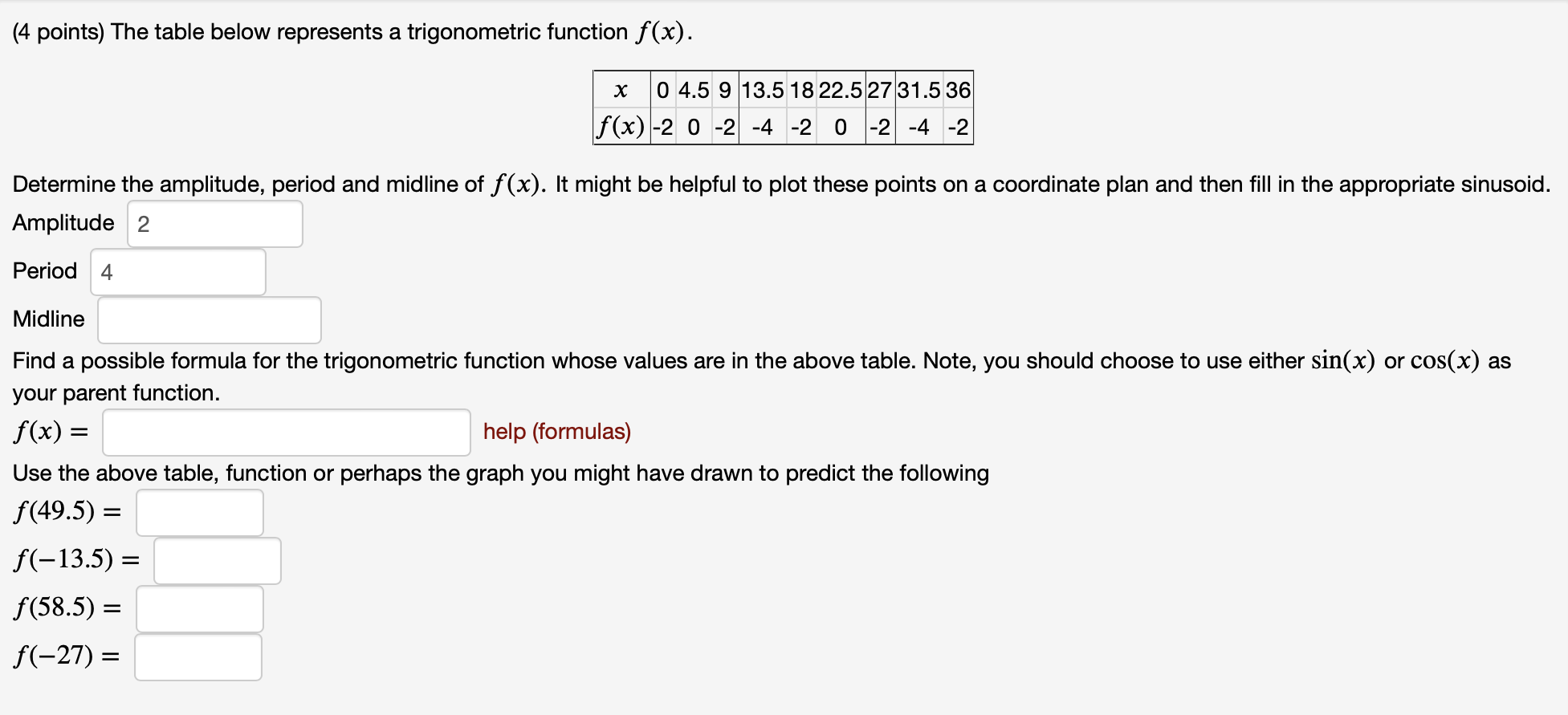 Solved 4 Points The Table Below Represents A Trigonometric 