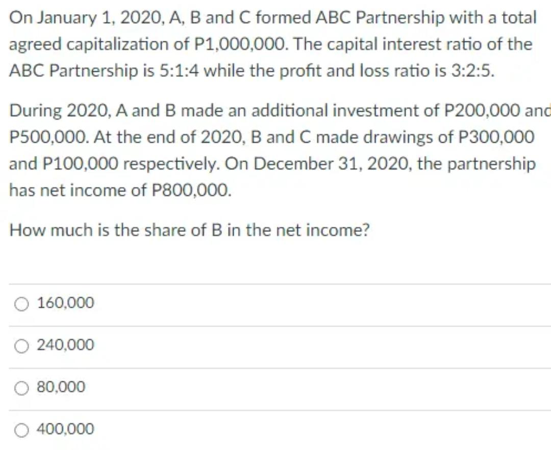 Solved On January 1, 2020, A, B and C formed ABC Partnership | Chegg.com