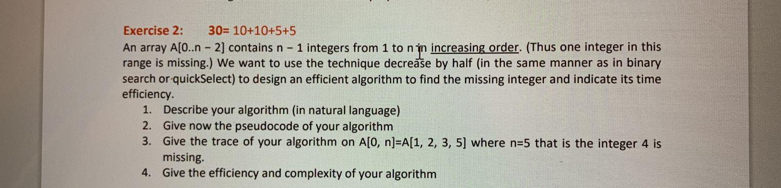 Solved n Exercise 2: 30= 10+10+5+5 An array A[O..n - 2] | Chegg.com