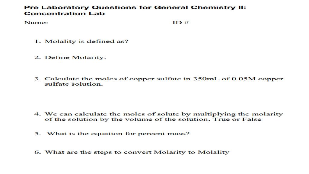 Solved Pre Laboratory Questions for General Chemistry II: | Chegg.com