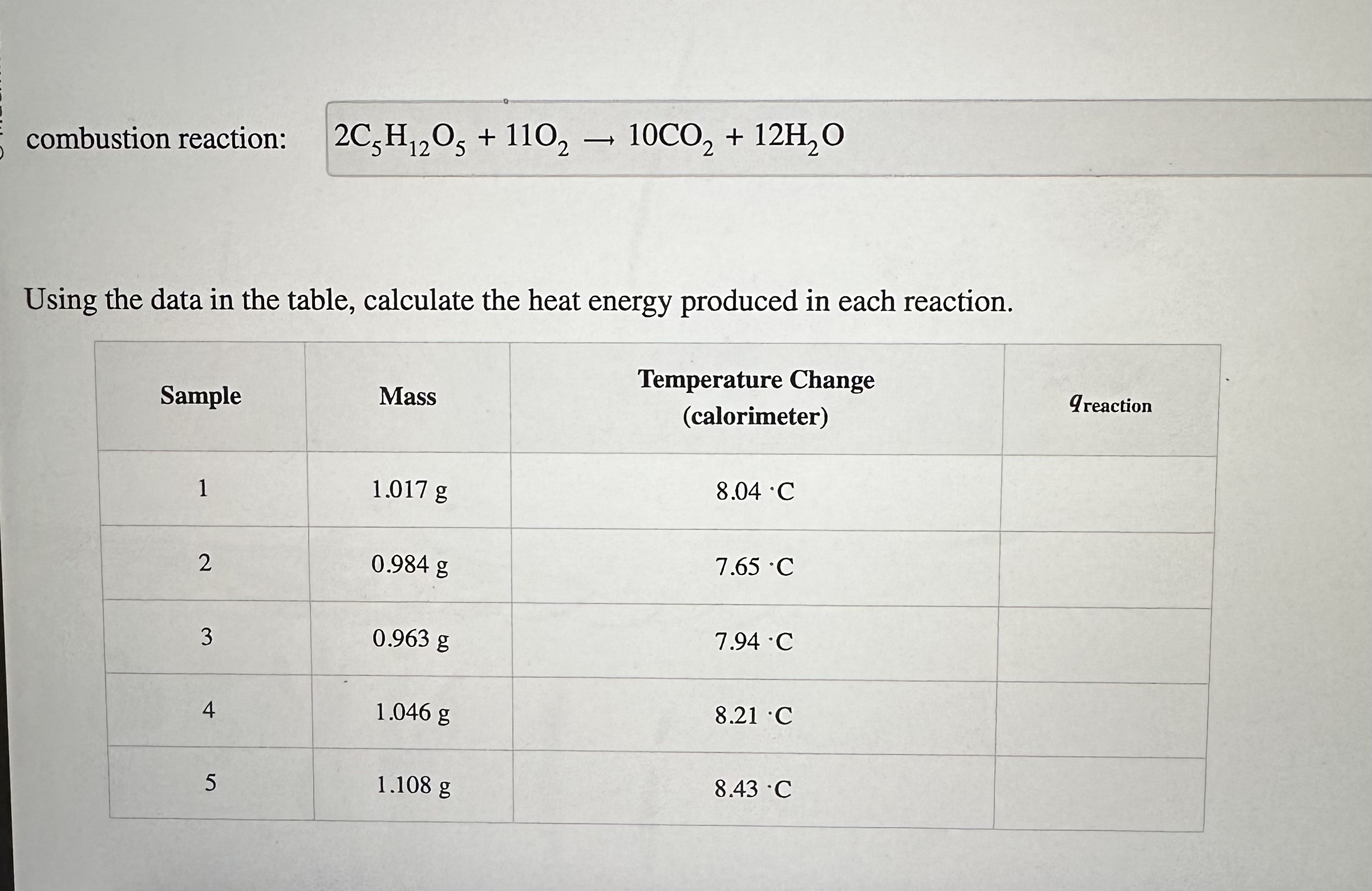 Solved combustion reaction: 2C5H12O5+11O2→10CO2+12H2O Using | Chegg.com