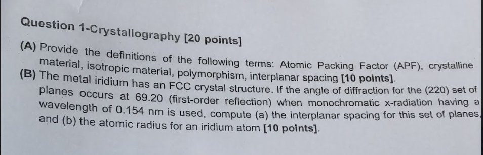 Solved Question 1-Crystallography (20 points] (A) Provide | Chegg.com