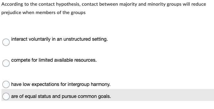Solved According to the contact hypothesis, contact between | Chegg.com