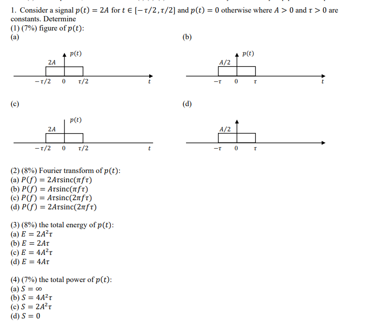 Solved 1. Consider a signal p(t) = 2A for t € (-1/2,1/2] and | Chegg.com