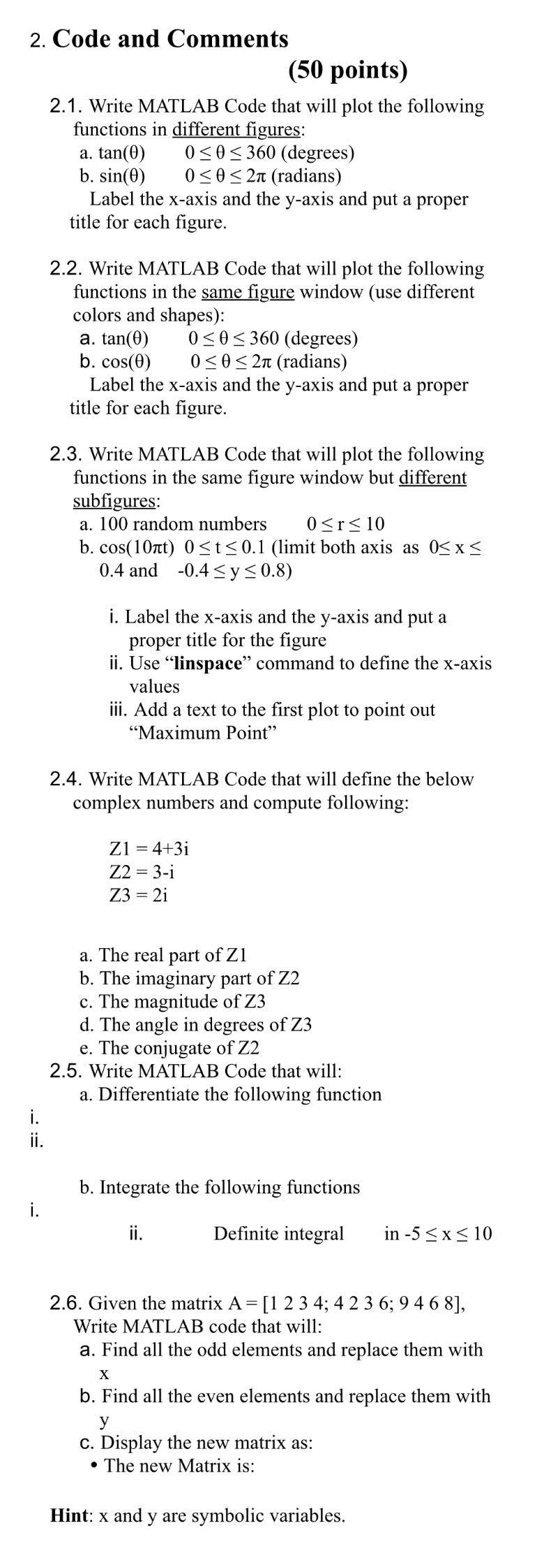 Solved 2. Code and Comments (50 points) 2.1. Write MATLAB | Chegg.com