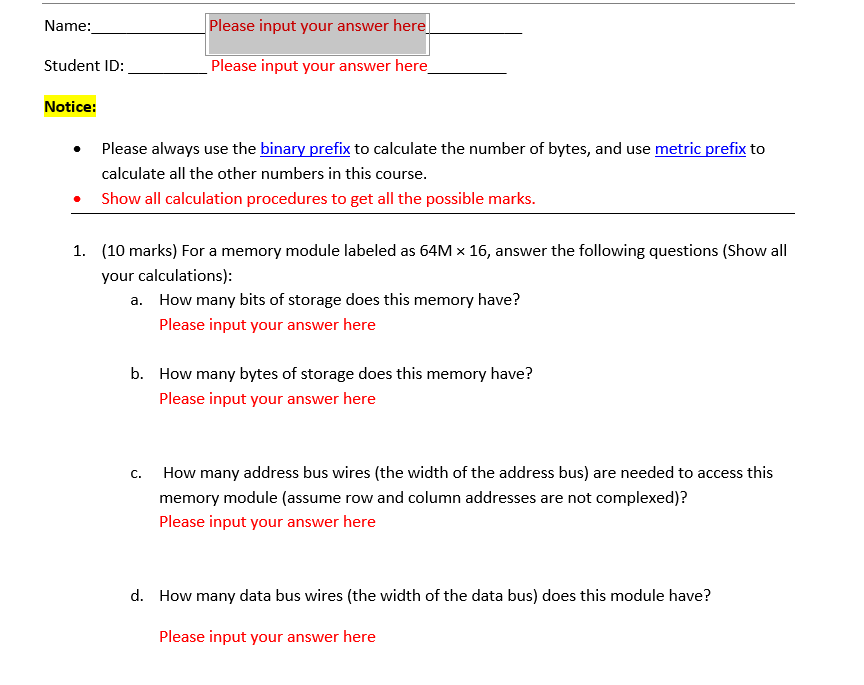 Solved Name: Please input your answer here Student ID: | Chegg.com