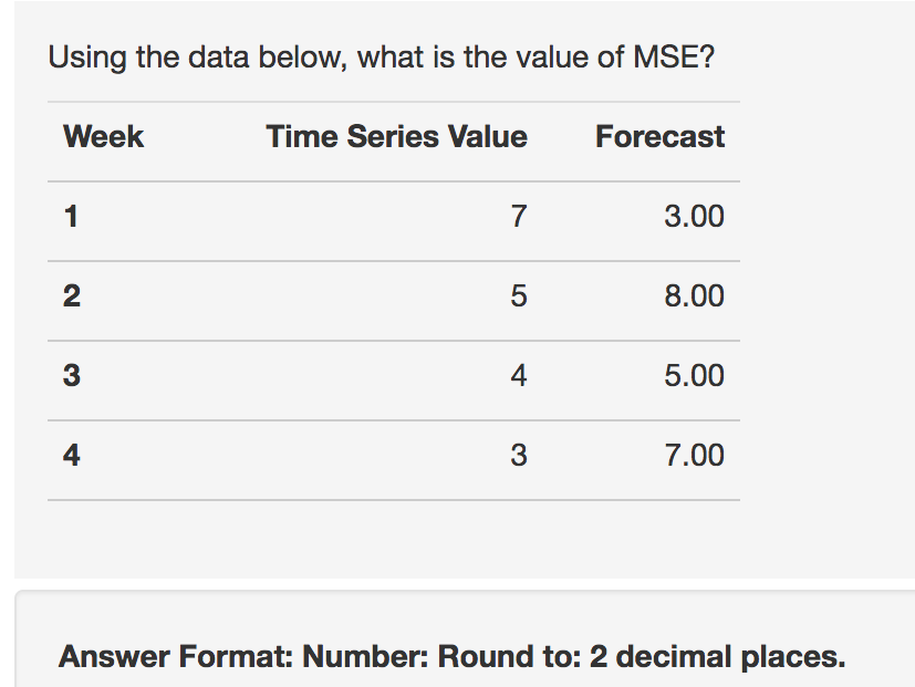 Solved Using the data below, what is the value of MSE? Time | Chegg.com