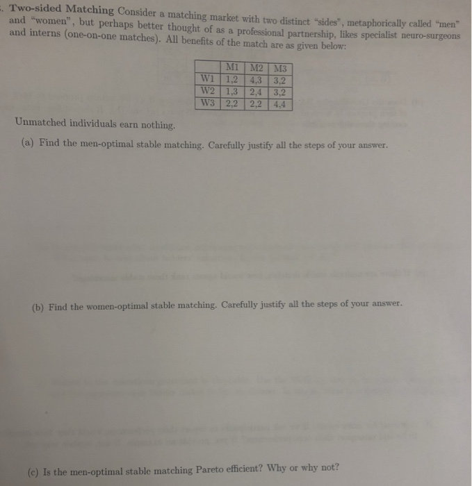 . Two-sided Matching Consider a matching market with | Chegg.com