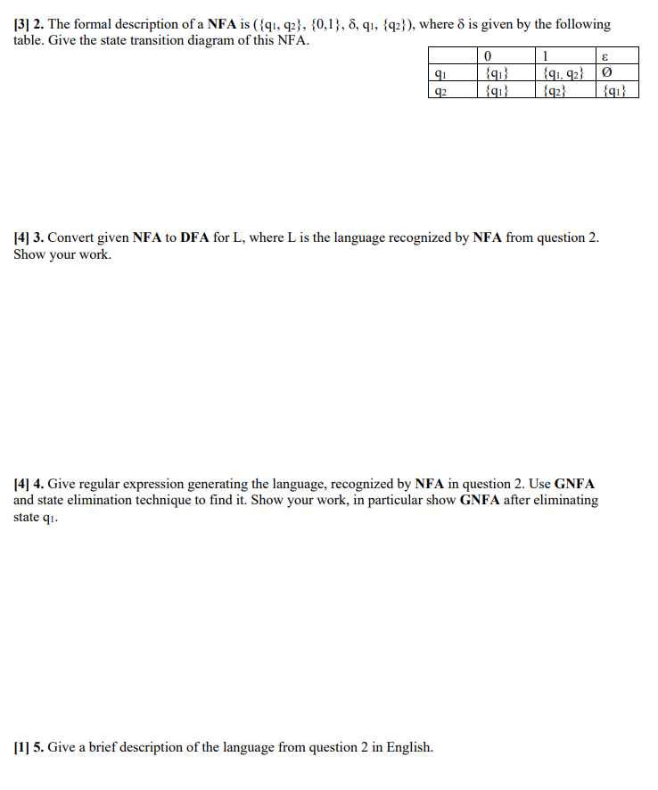 Solved {q1,q2},{0,1},δ,q1,{q2} δis ﻿given by ﻿the | Chegg.com