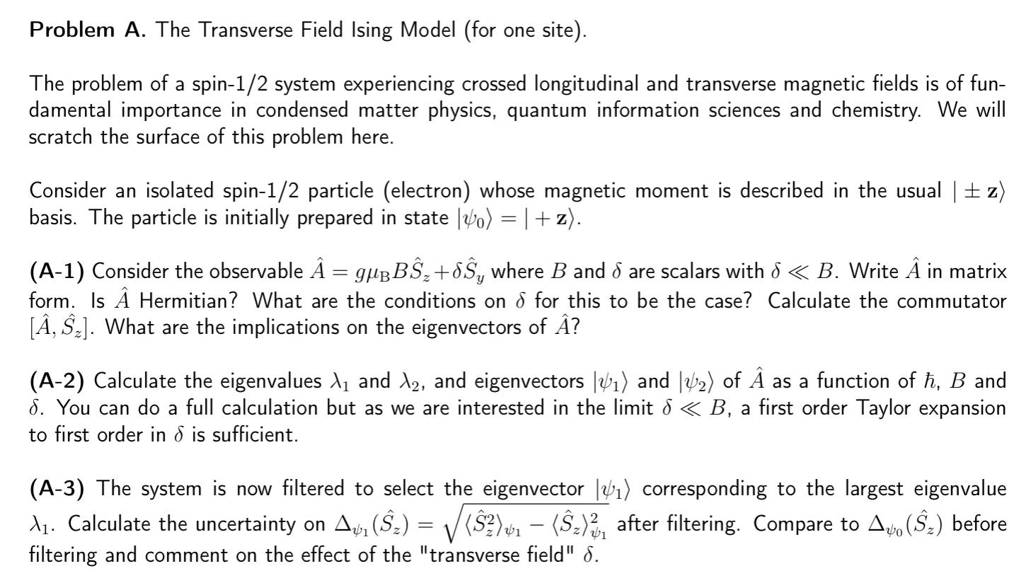 Problem A. The Transverse Field Ising Model (for one | Chegg.com