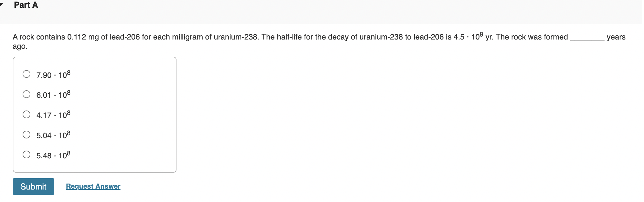 Solved A rock contains 0.112mg of lead-206 for each | Chegg.com