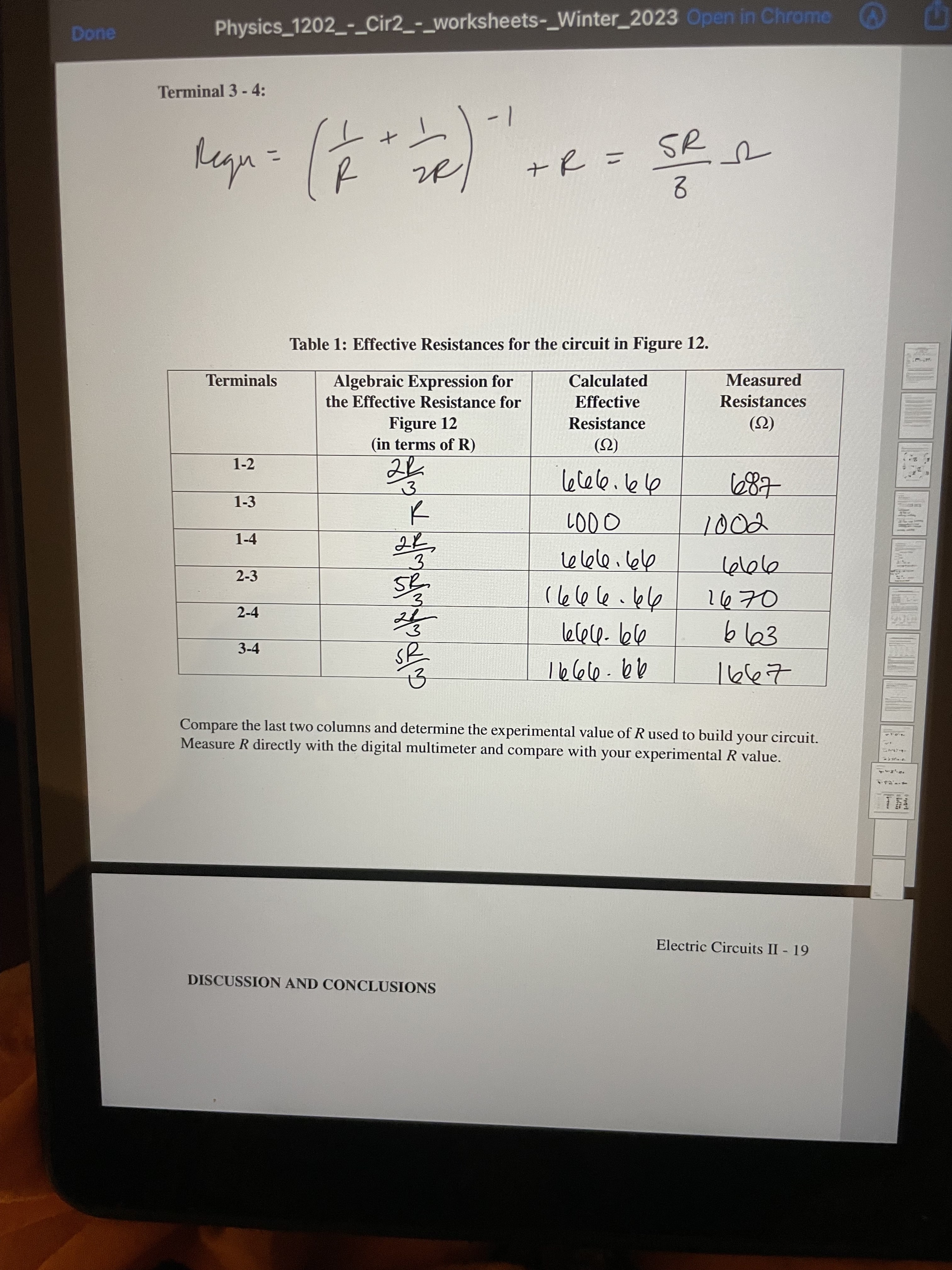 Solved Terminal 3-4: Requ =(R1+2R1)−1+R=35RΩ Table 1: | Chegg.com