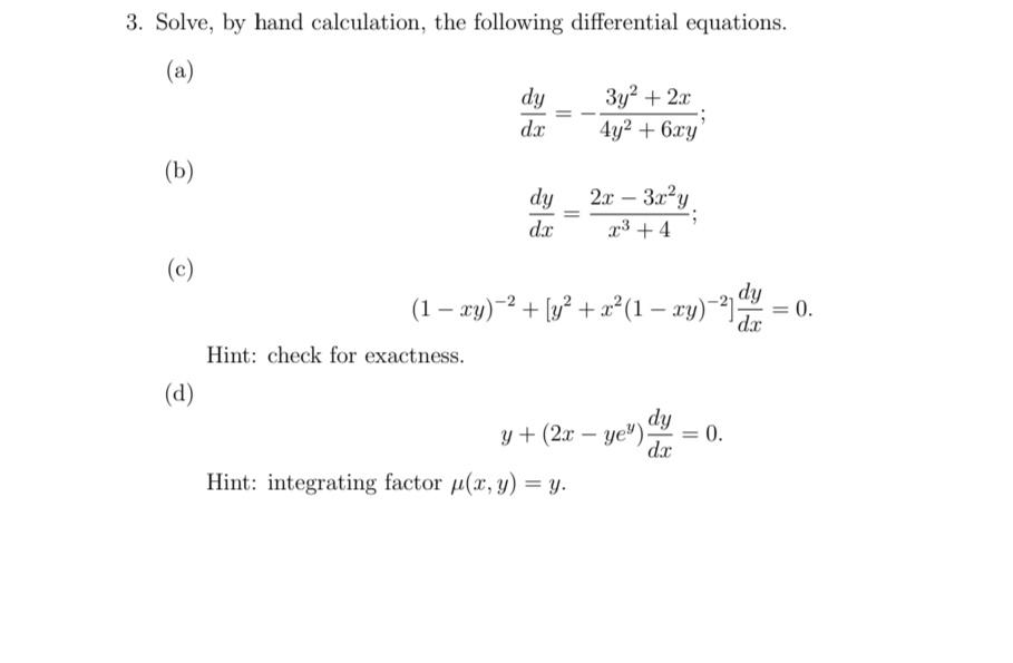Solved 3. Solve, by hand calculation, the following | Chegg.com