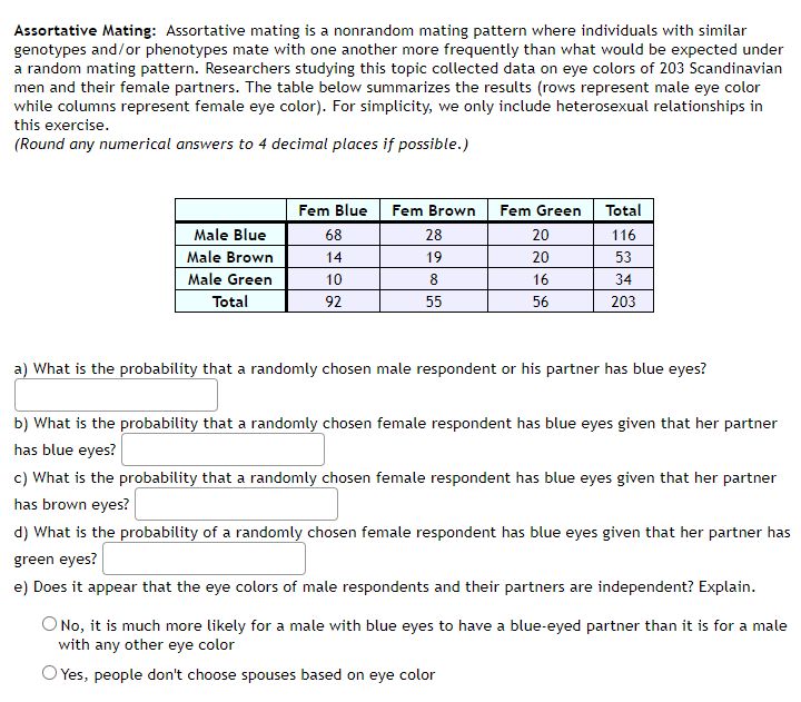 Solved Assortative Mating: Assortative mating is a nonrandom | Chegg.com