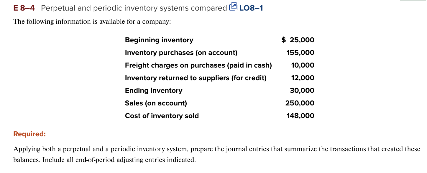 Solved E 8-4 Perpetual and periodic inventory systems | Chegg.com