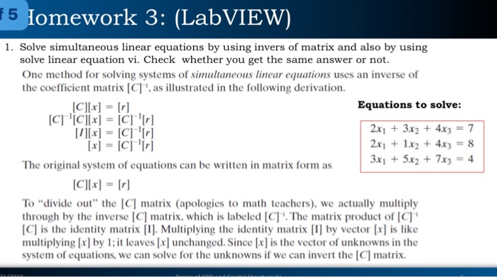 Solved 5 Homework 3: (LabVIEW) 1. Solve simultaneous linear | Chegg.com