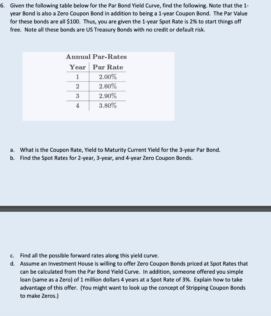 Solved Given the following table below for the Par Bond | Chegg.com