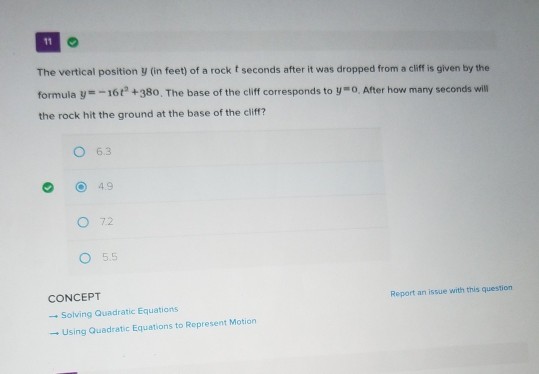 Solved The vertical position y (in feet) of a rock t seconds | Chegg.com