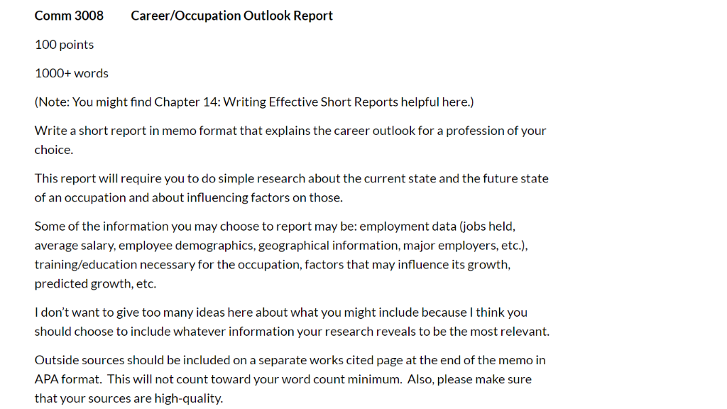 Career/Occupation Outlook Report Comm 3008 100 points | Chegg.com