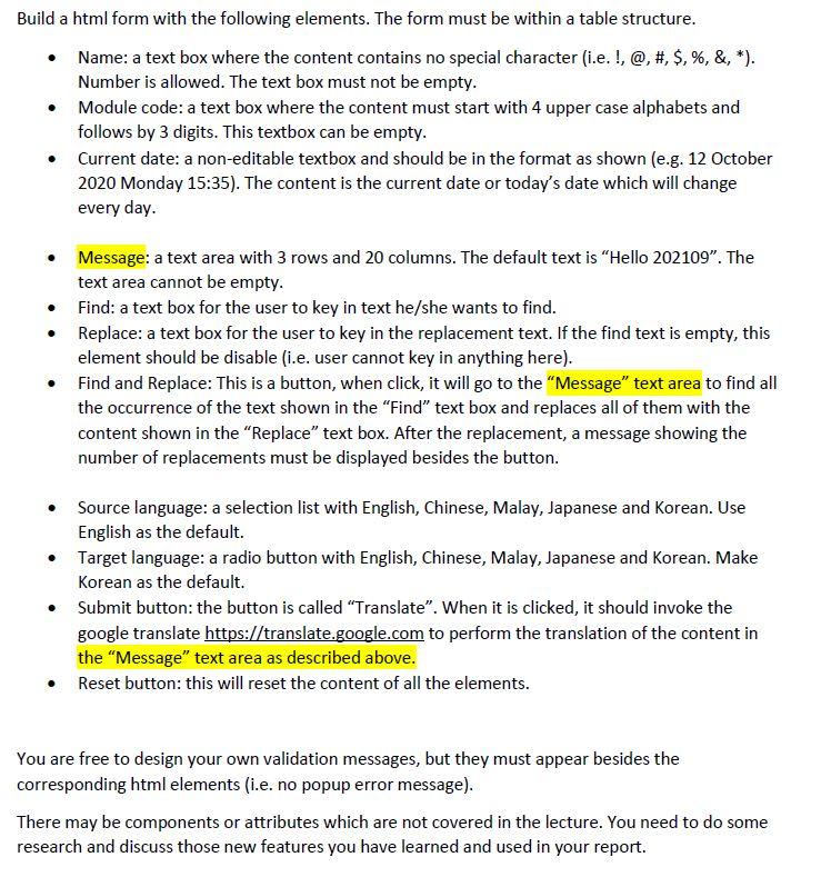 Solved Build a html form with the following elements. The | Chegg.com