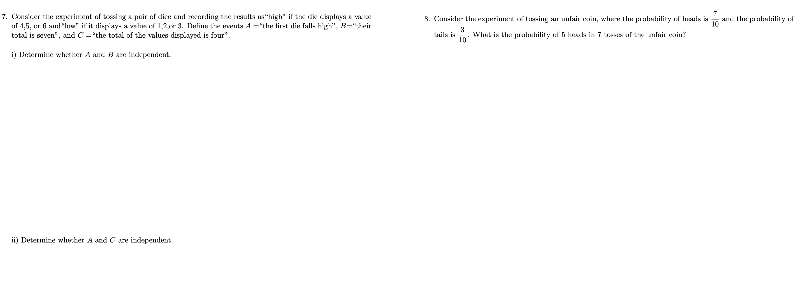 Solved 7. Consider the experiment of tossing a pair of dice | Chegg.com
