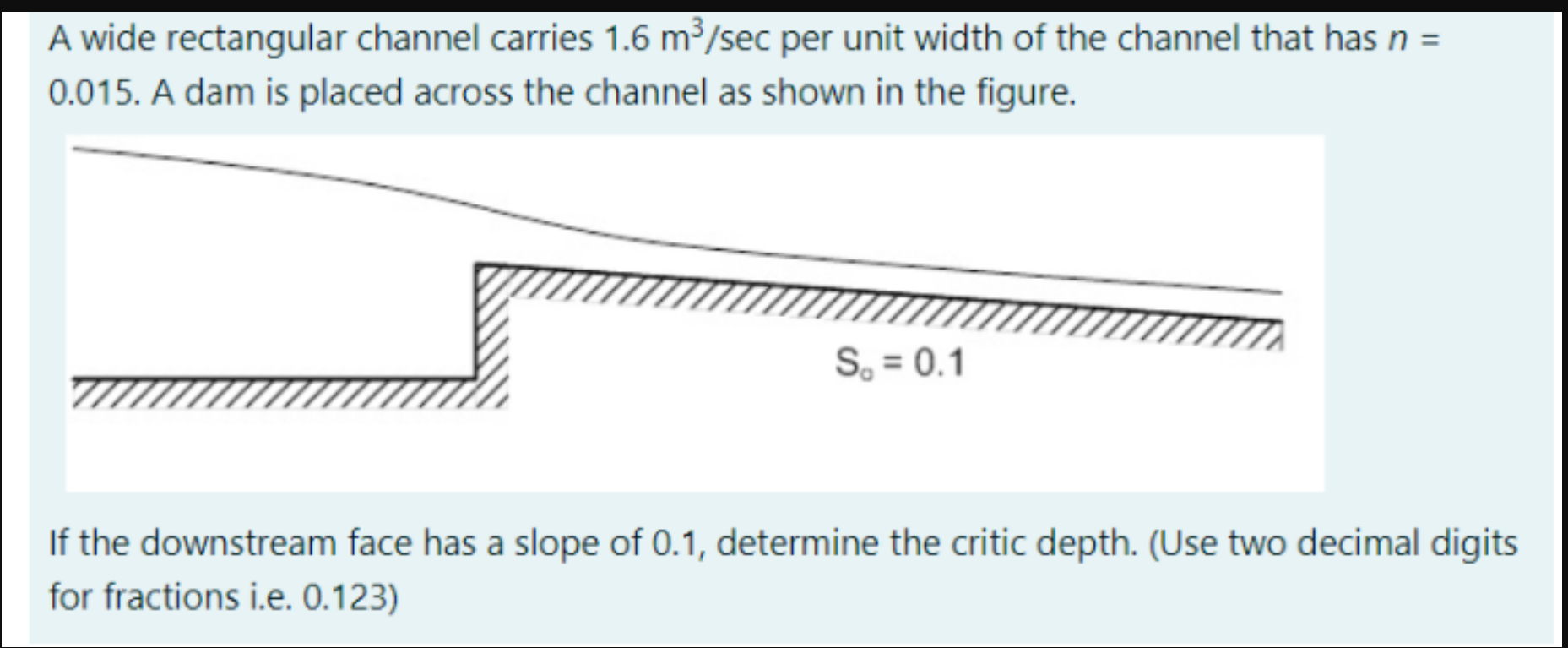 Solved A wide rectangular channel carries 1.6 m3/sec per | Chegg.com