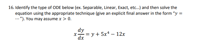 Solved 16. Identify the type of ODE below (ex. Separable, | Chegg.com