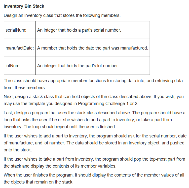 Inventory Bin Stack Design an inventory class that | Chegg.com