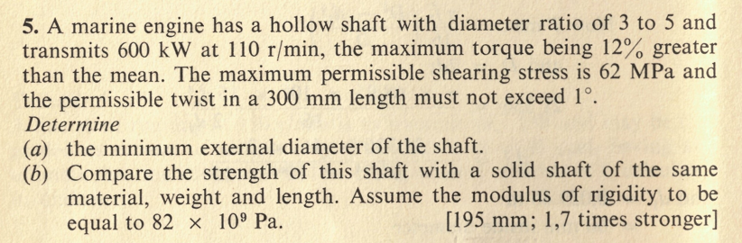 Solved 5. A marine engine has a hollow shaft with diameter | Chegg.com